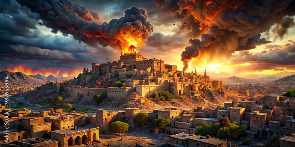 Dramatic depiction of the ancient cities of Sodom and Gomorrah with ...