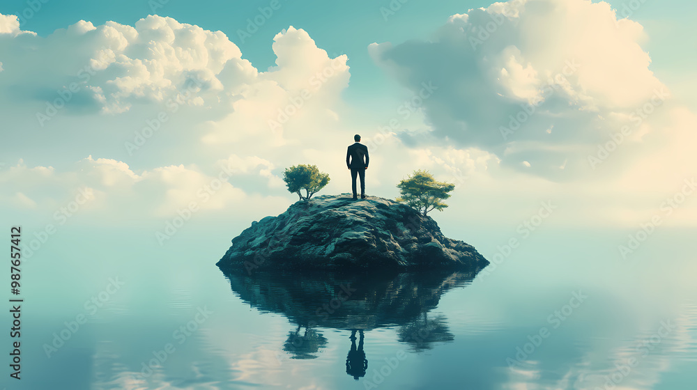 Sad businessman standing alone on tiny island in vast ocean isolation ...