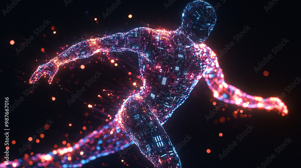 A dancing figure made entirely of microchips. its movements leaving a ...