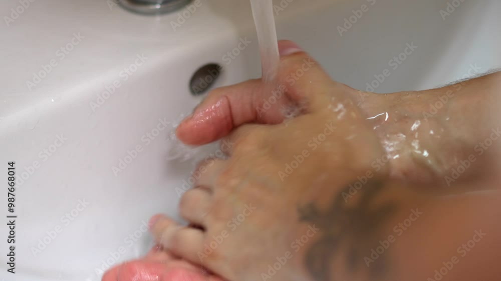 Water flows from the tap. A man washes his fingers under running water ...