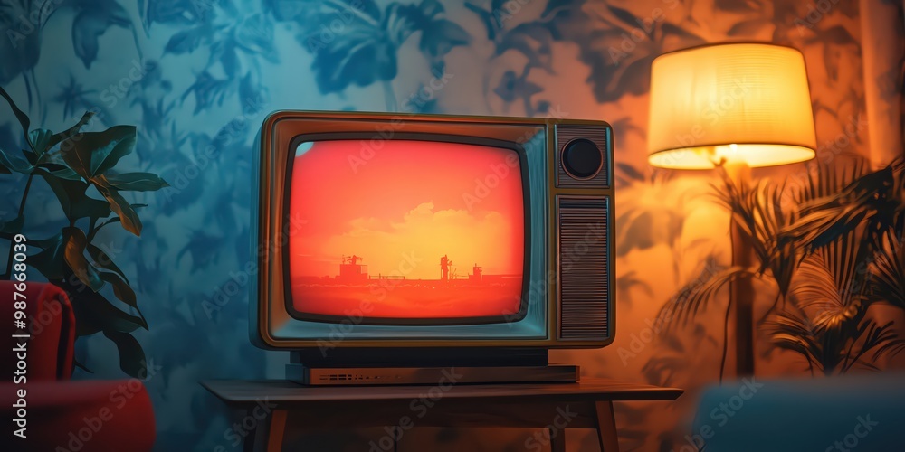 A classic TV set with a neon-lit screen, representing the nostalgic ...