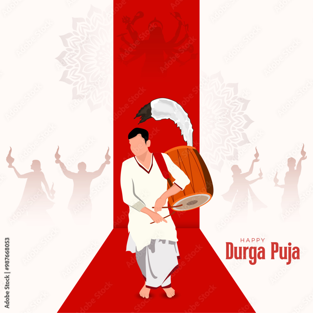 Traditional Durga Puja celebration with Dhak drum player And. Happy ...