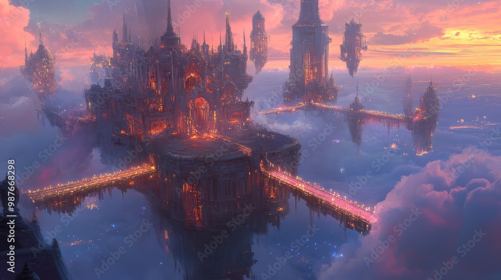 A floating temple high above the clouds, with bridges made of light ...