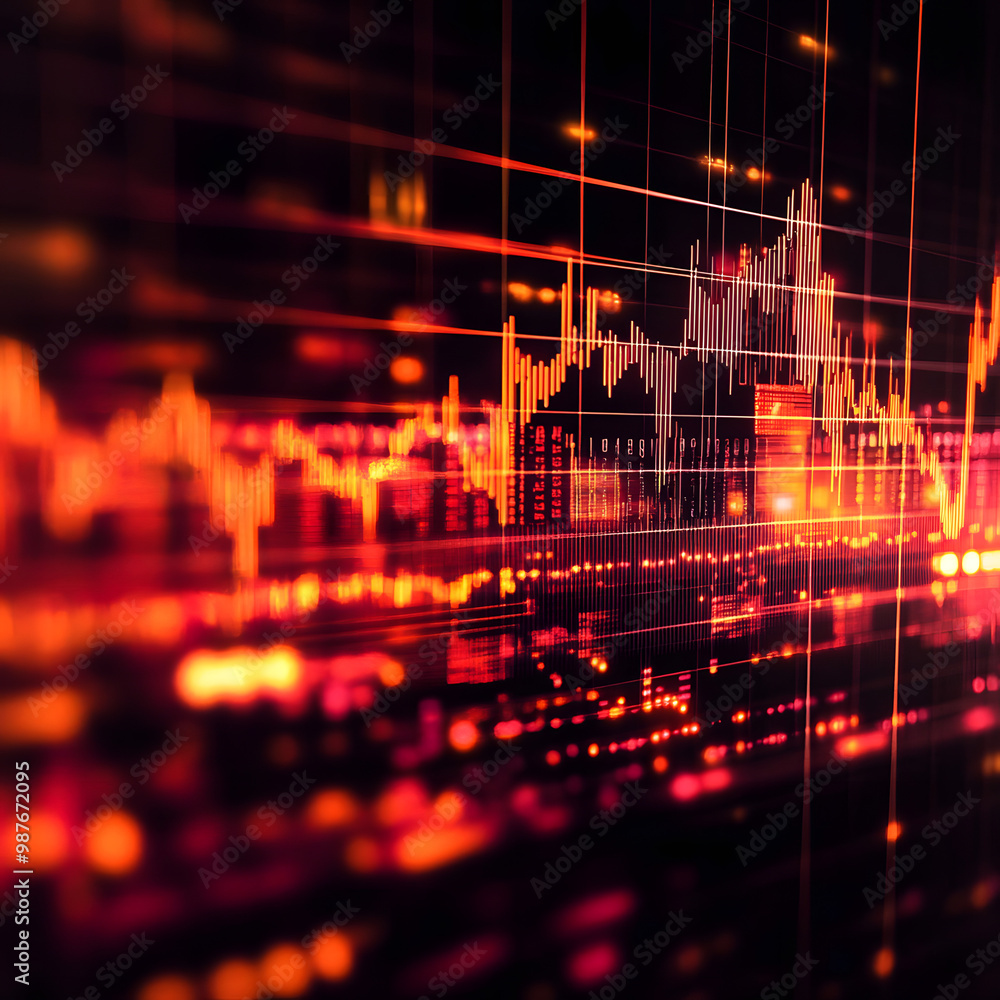 candlestick chart background with grid lines and financial symbols ...