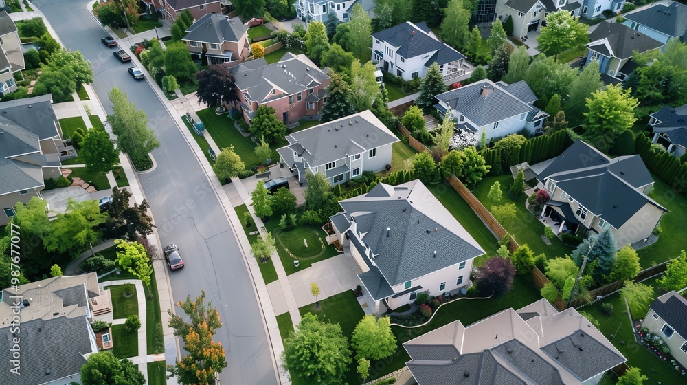 An aerial view of a quiet suburban neighborhood with houses and lush ...