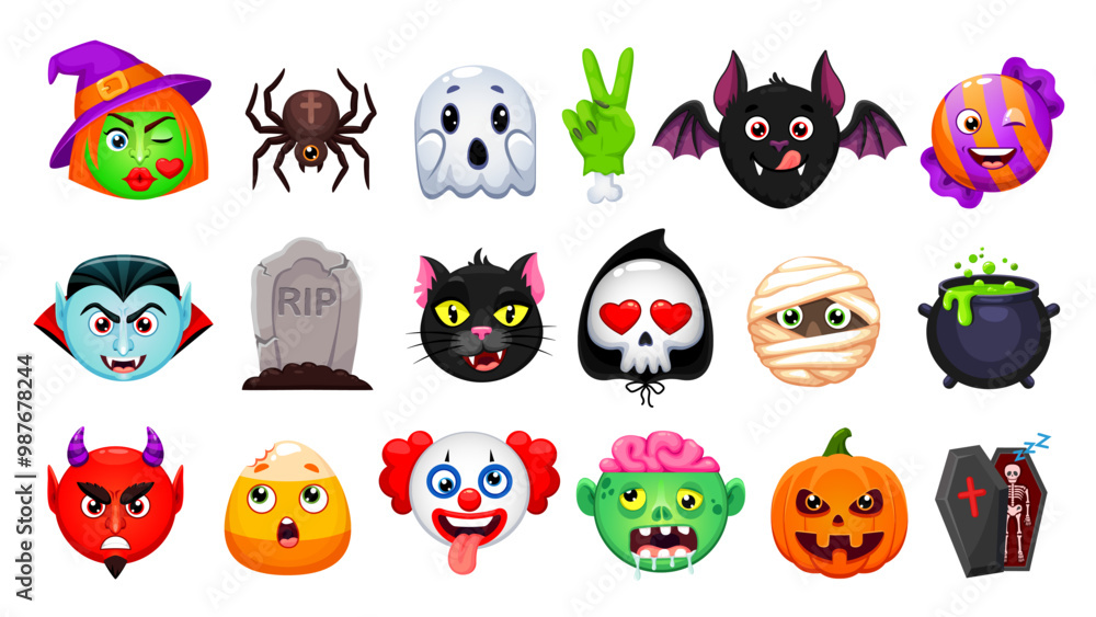 Cartoon Halloween emoji set. Vector zombie, vampire, bat, pumpkin or ...
