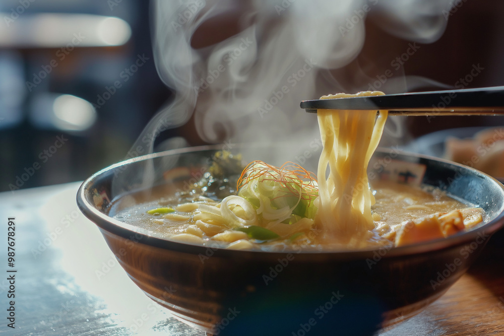Ramen bowl with steaming hot broth, noodles, and toppings, Cozy ramen ...