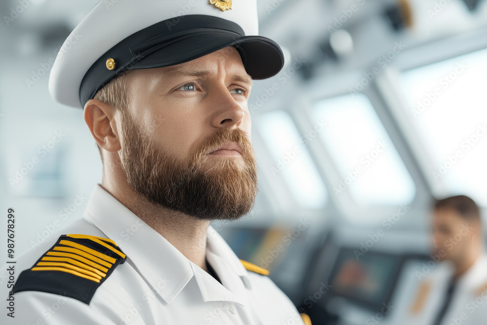 A cruise ship captain monitors the navigation officer in the control ...