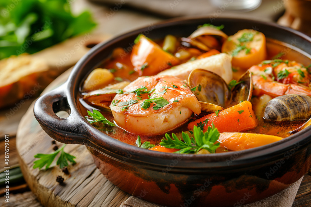 Bouillabaisse seafood stew with fish, shellfish, and vegetables, rustic ...