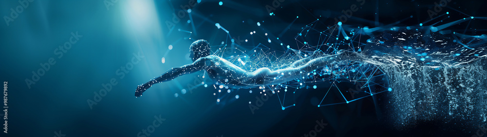 Abstract conceptual depiction of a male athlete swimmer emerging from ...