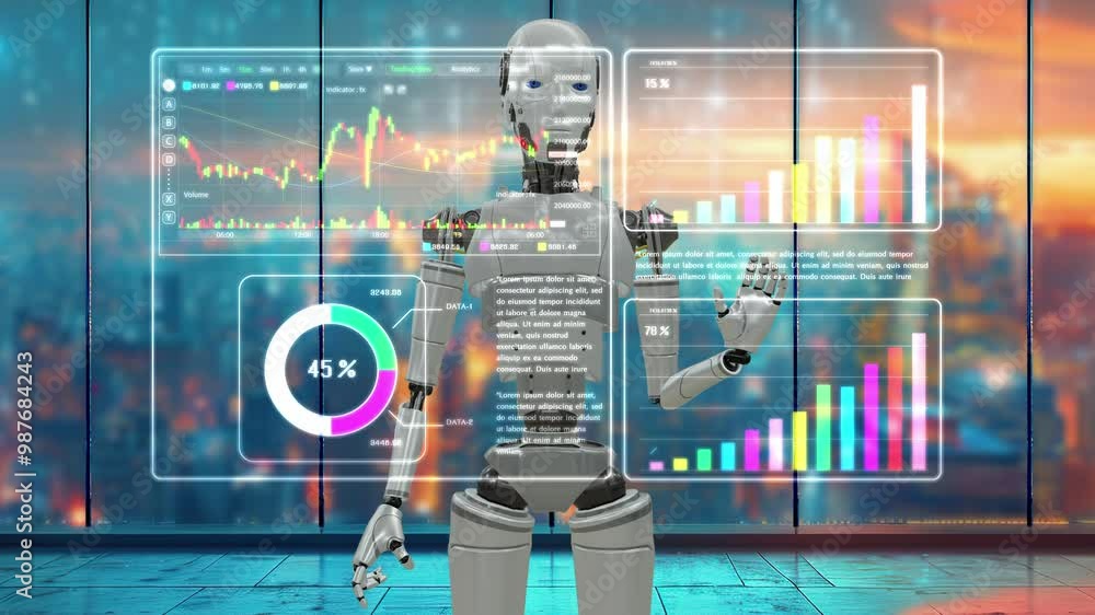 Advanced 3D robot with color chart dashboard hologram in 4K, perfect ...