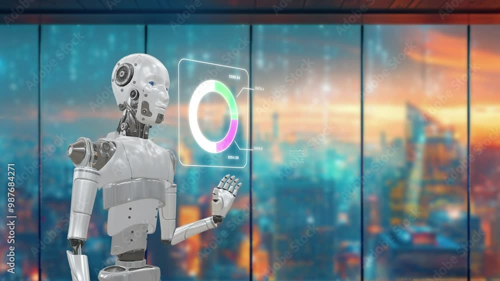 Futuristic 3D robot with color dashboard hologram, designed for AI ...