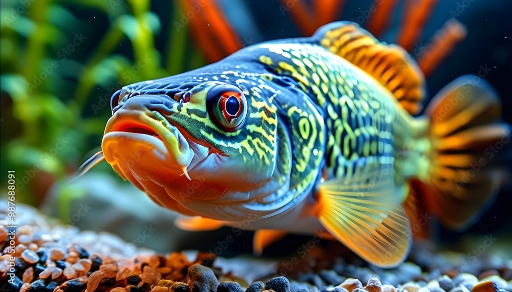 Detailed view of King Tiger Pleco L333 swimming gracefully in a vibrant ...