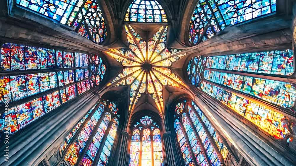 Majestic cathedral ceiling with vibrant stained glass windows ...