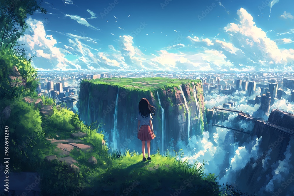 Anime girl looking out at floating city in fantasy world. Surreal ...
