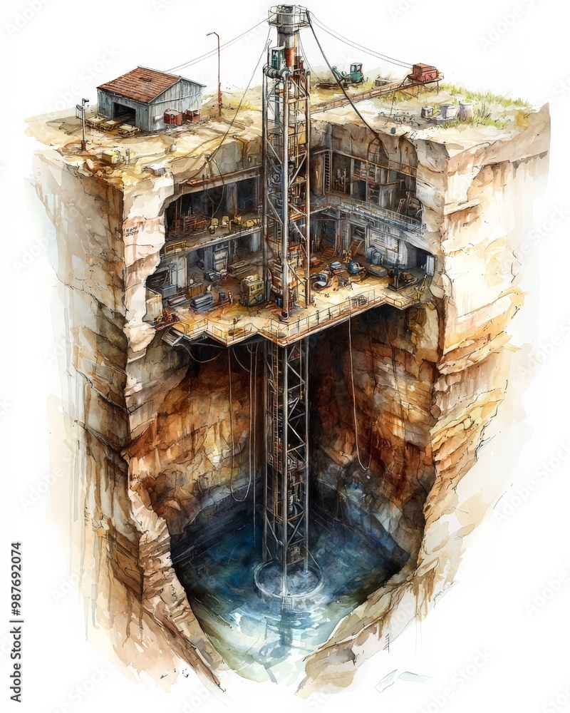 A cross-section diagram of an oil well, showing the drilling process ...