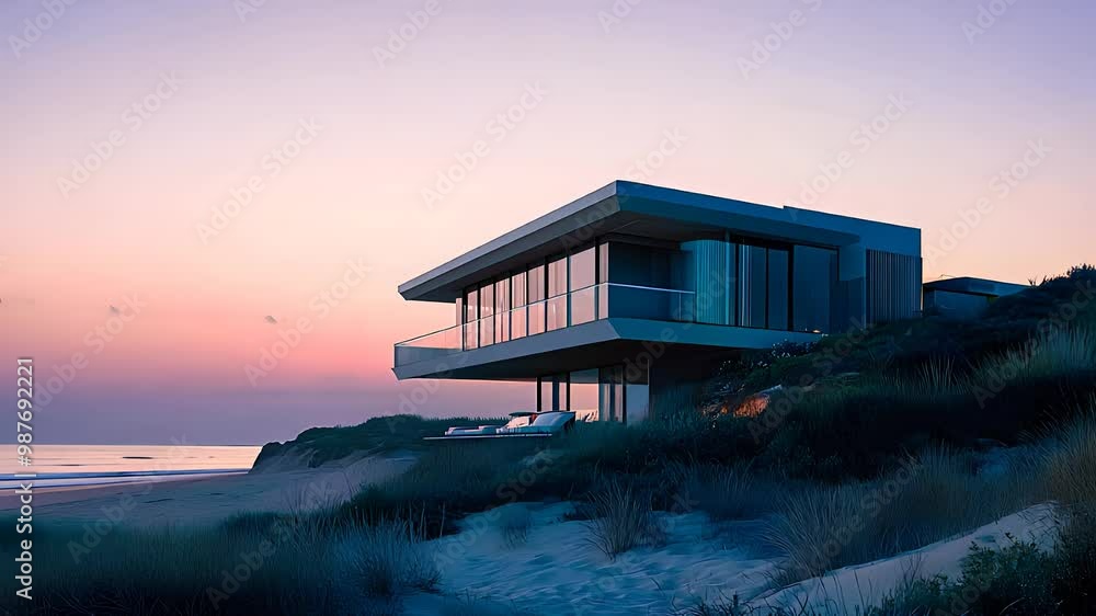Modern beach house at sunset with minimalist architecture and scenic ...