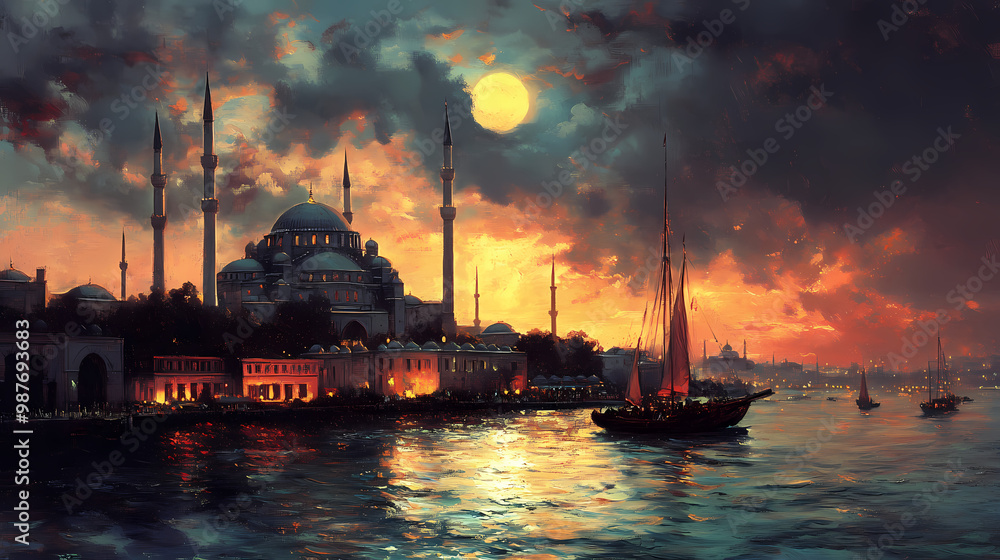 Vintage oil painting landscape view of istanbul with a majestic mosque ...