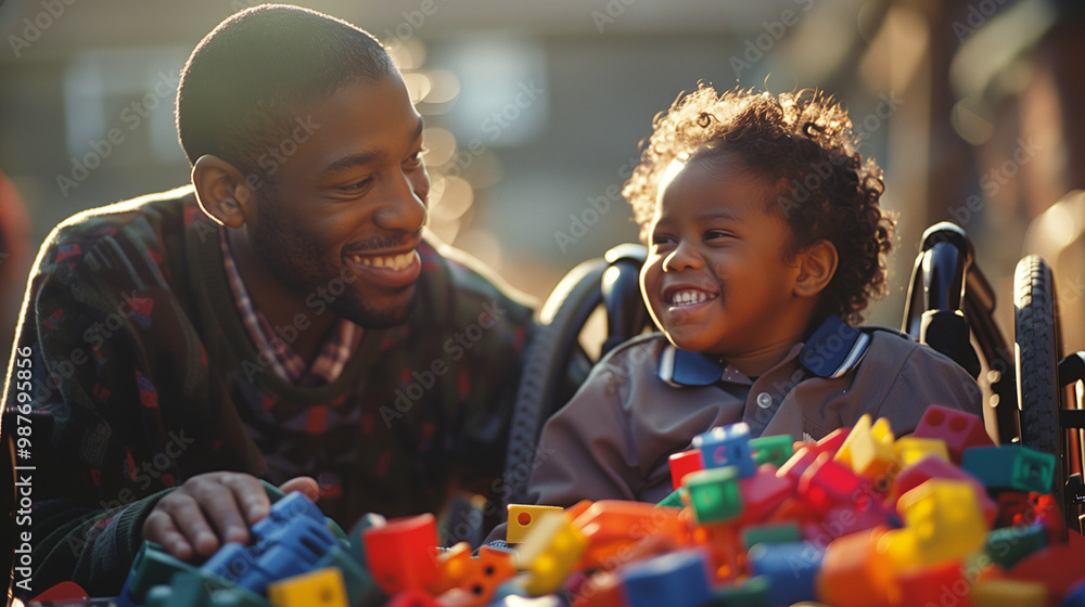 Parent and children learning through play. Disabled black child in ...