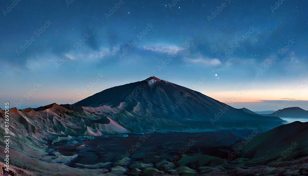 Beauty of volcanic terrain at night, blending with starry sky and ...