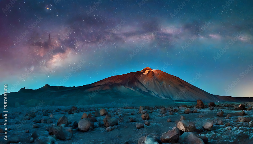 Beauty of volcanic terrain at night, blending with starry sky and ...