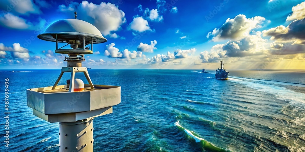 High-tech marine radar system scanning the ocean for ships and ...
