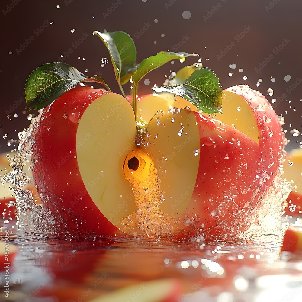 A red apple, cut in half, is submerged in water, creating a beautiful ...