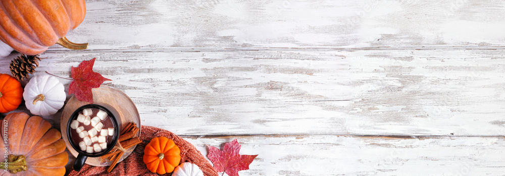 Cozy fall corner border with pumpkins, sweaters and hot chocolate. Top ...
