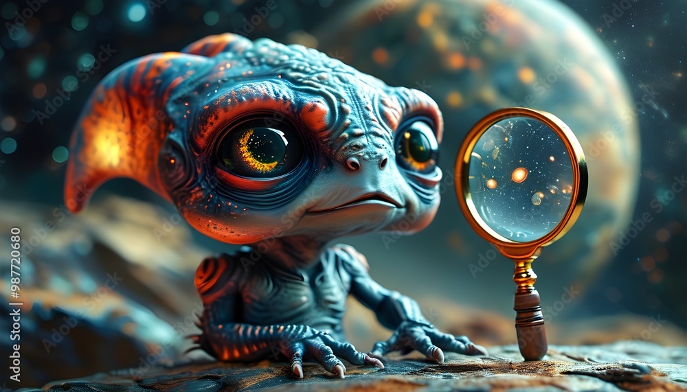 Curious alien exploring horoscopes and macro worlds through a ...