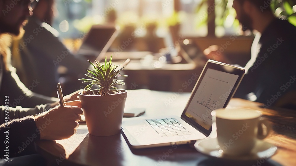 Sunlight Collaboration: A team huddles around a laptop, strategizing in ...