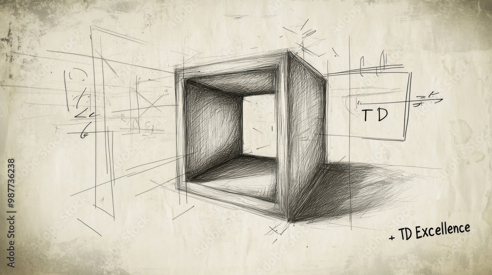 Hand-Drawn 3D Open Cube Sketch with Perspective Lines and "TD ...