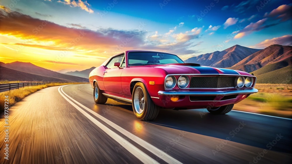 Powerful Muscle Car in Motion Captured on Open Road Under Clear Blue ...