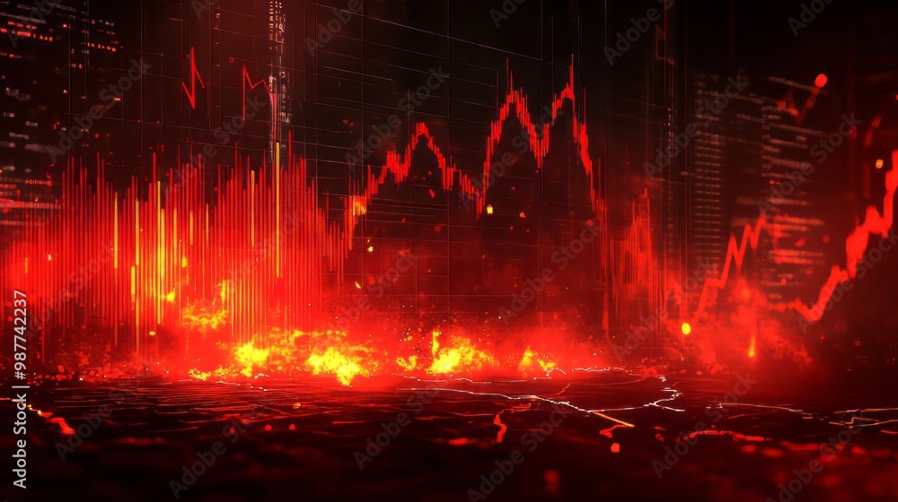 war art style red stock charts with downward arrows, explosions on ...