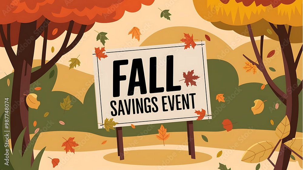 Fall Savings Event Sign with Orange and Green Trees Autumnal promotion ...