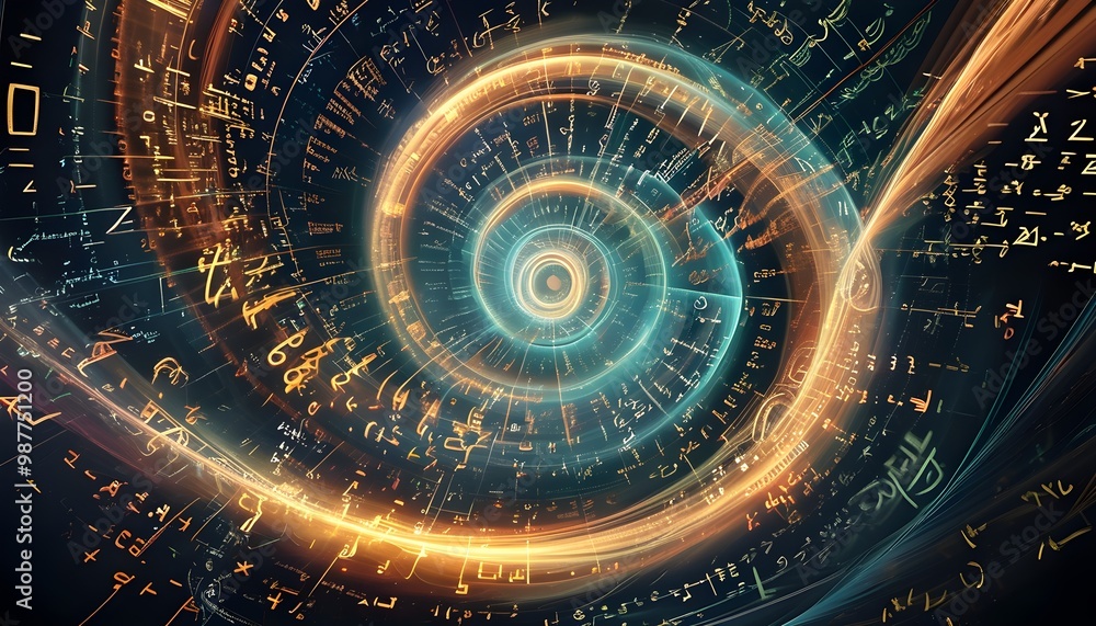 Swirling vortex of numbers and equations illustrating the precision of ...