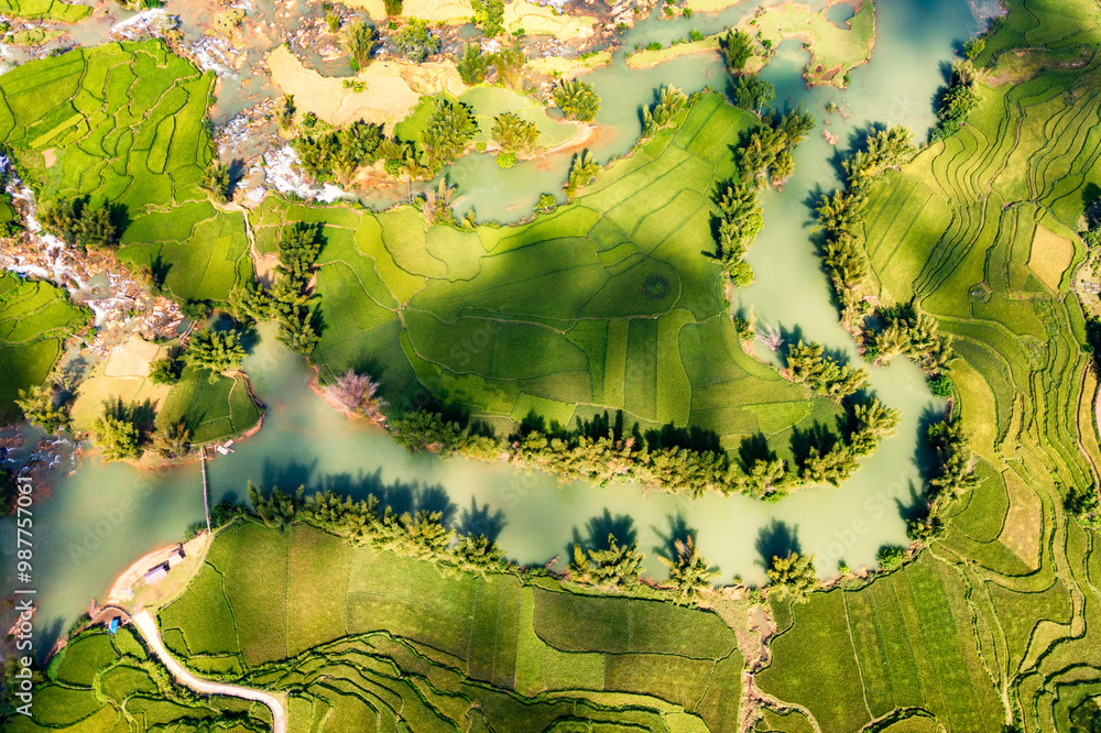 Aerial landscape in Quay Son river, Trung Khanh, Cao Bang, Vietnam with ...