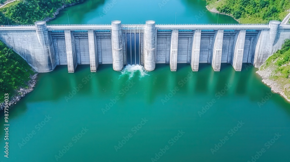 Massive river dam with powerful water turbines generating eco-friendly ...
