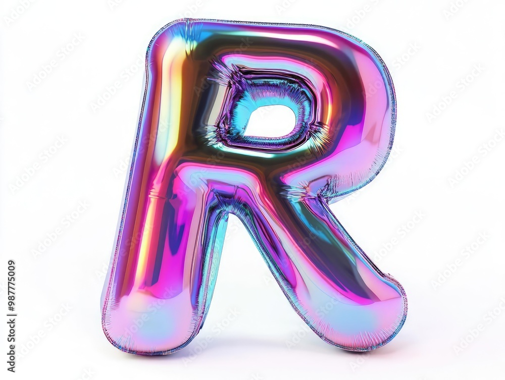 iridescent 3d letter r with liquid metal texture y2k aesthetic on white ...
