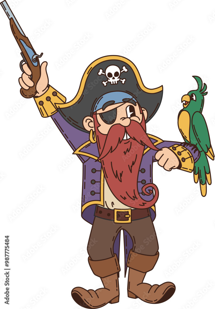 Cartoon groovy pirate and corsair character with a green parrot on his ...