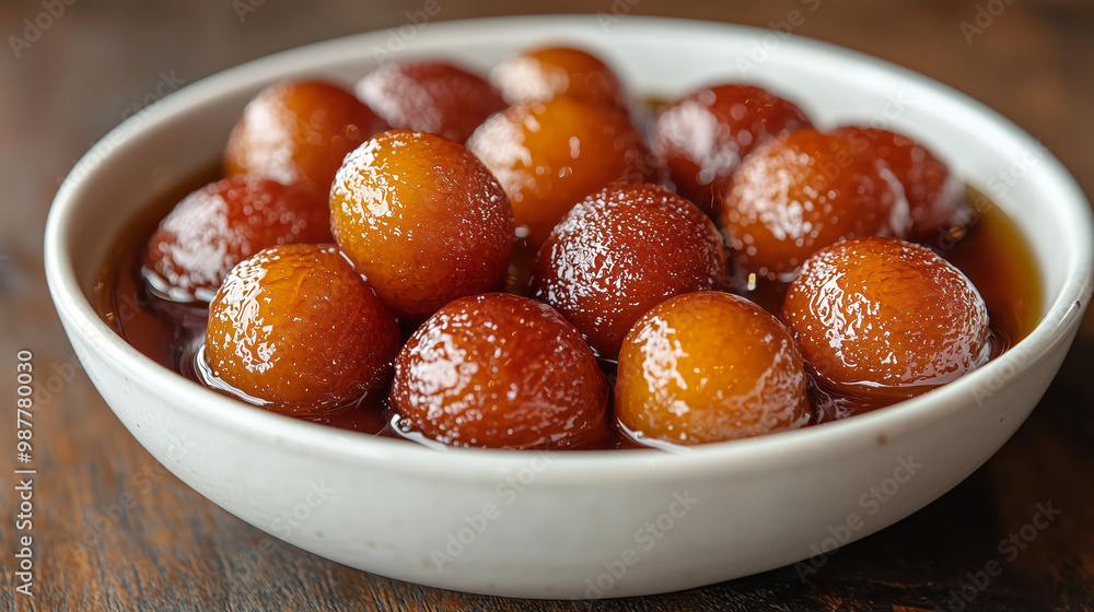 Deep brown Gulab Jamun floating in syrup, served in a clean white bowl ...