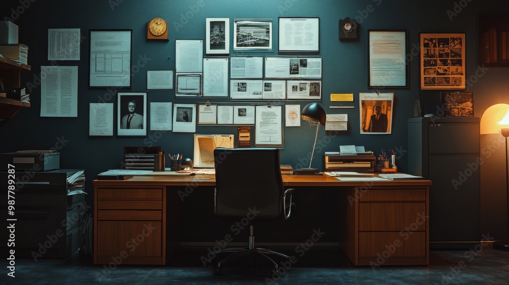 Detective board with clues over desk in police archive, crime scene ...