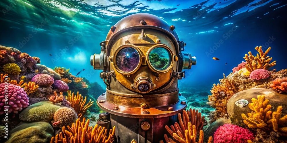 Vintage Deep Sea Diving Helmet on Display with Coral Reef Background in ...