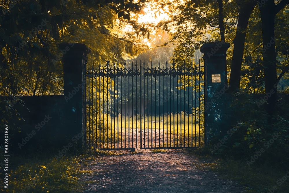 Open metal gate leading to a lush green forest path. Sun shining ...