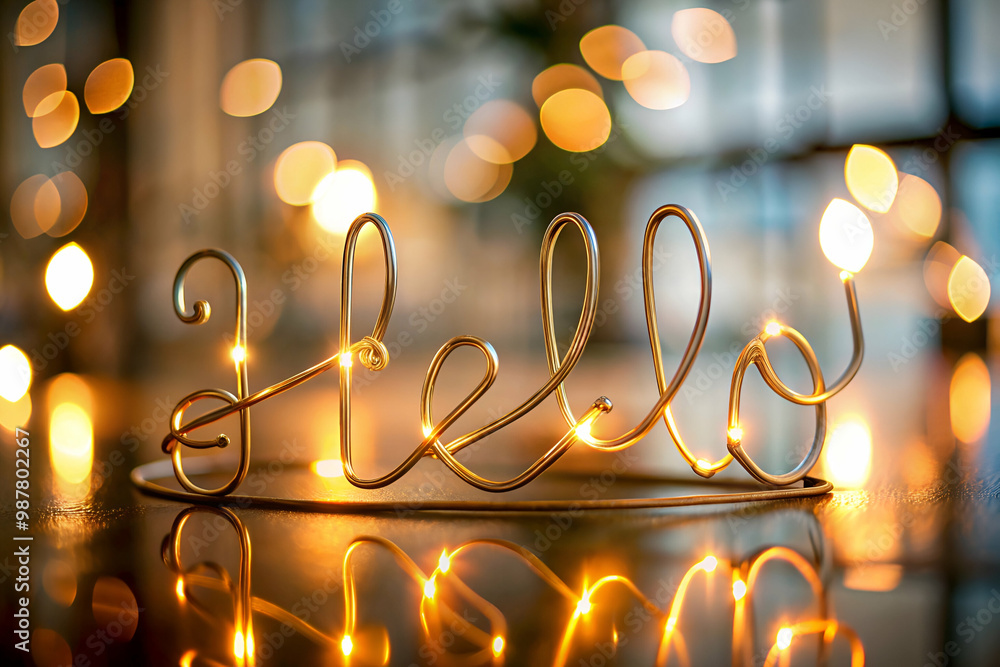 A gold Hello sign is lit up with lights. The sign is surrounded by a ...