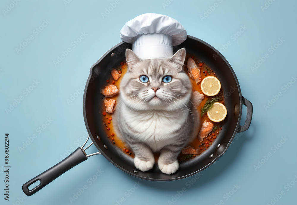Cute fluffy fat cat in a chef's hat, he holds a frying pan with fried ...