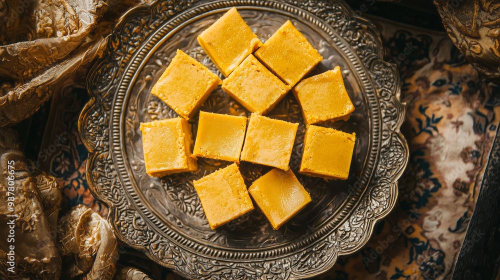 Rich, golden Mysore Pak, cut into neat squares with a smooth texture ...