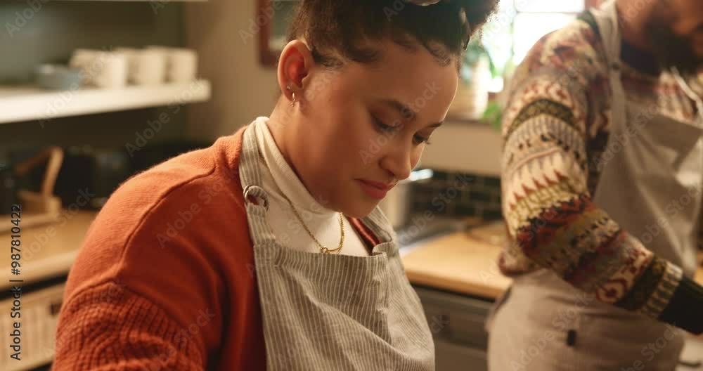 Spice, cooking and couple in kitchen together with teamwork on food ...