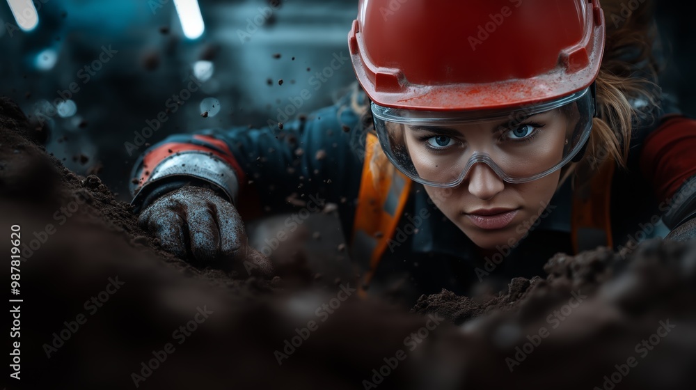 Determined woman in construction gear crawling through a tight space ...