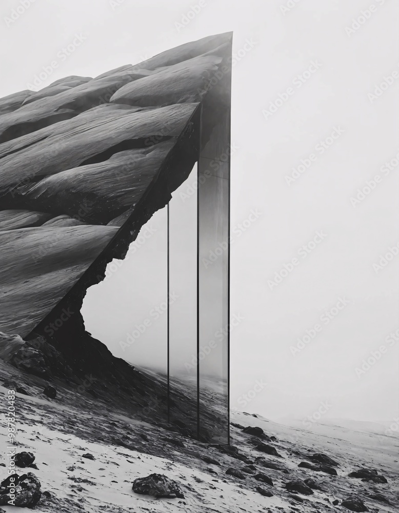 Monolith on the Brink: A stark, minimalist composition in black and ...