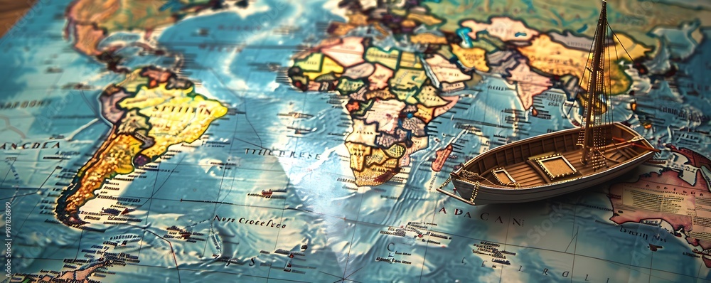 World map close-up with a small boat model, placed on a table. Stock ...